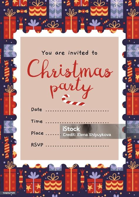 크리스마스 파티 초대장 카드 템플릿은 우표 디자인과 선물 만화 스타일입니다 트렌디 한 현대 벡터 일러스트 레이 션 손으로 그린 플랫 크리스마스에 대한 스톡 벡터 아트 및