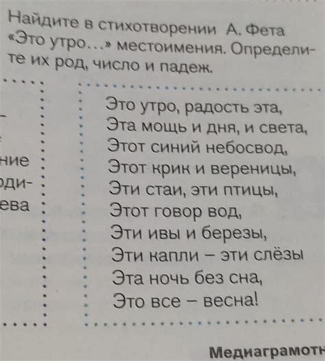 А Фета Найдите в стихотворении «Это утро местоимения Определи те их род число и