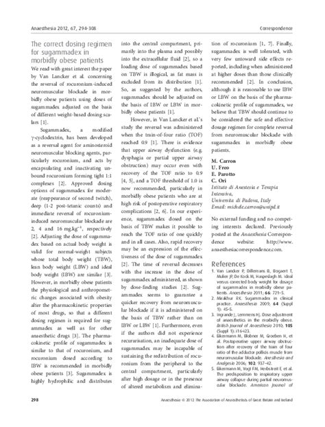 Pdf The Correct Dosing Regimen For Sugammadex In Morbidly Obese