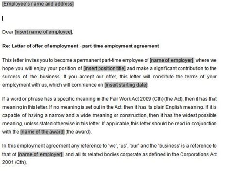 Employment Contract Template Australia Part Time Employment Contracts