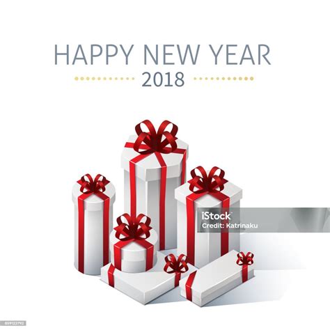 禮品盒用弓和緞帶的集白色背景上的等軸圖耶誕節和新年的卡3d 的現實圖示向量向量圖形及更多2018圖片 2018 俄羅斯 包裝品