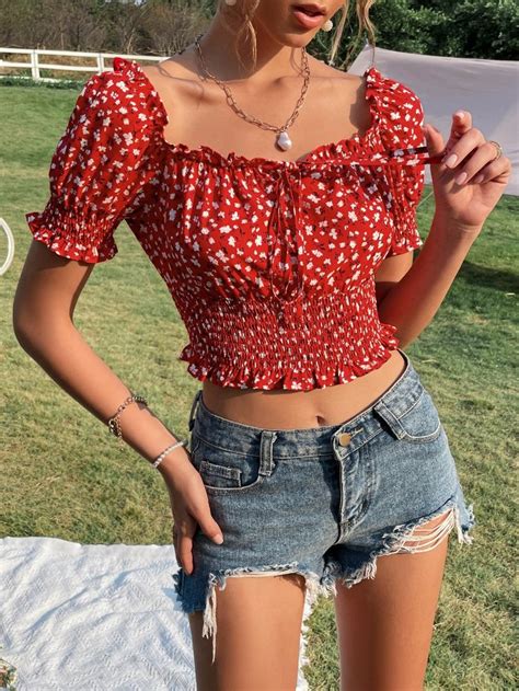 Ditsy Floral Shirred Frilled Puff Sleeve Tie Front Blouse Ditsy