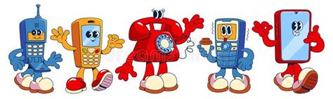 Retro Smiling Mobile Phone Character Mascots Stock Vector