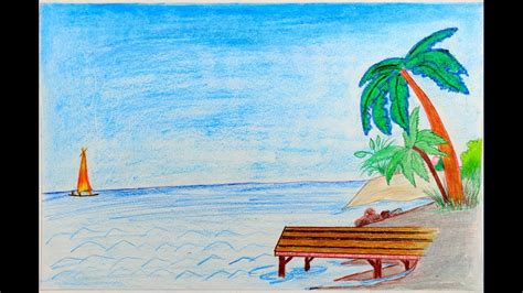 How To Draw A Scenery Of Sea Beach Draw Beach Scenery