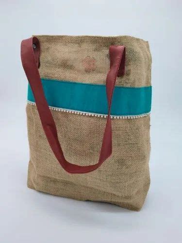 Light Blue Plain Rubis Natural Jute With Rexin Handle Size 15 X13 At
