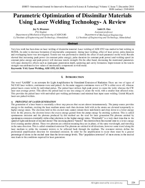 Pdf Parametric Optimization Of Dissimilar Materials Using Laser Welding Technology A Review
