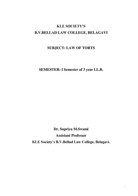 Law Of Torts Law Of Torts Notes KLE SOCIETY9S B V LAW COLLEGE BELAGAVI SUBJECT LAW OF