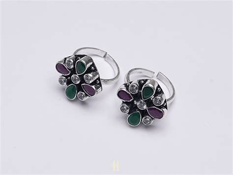 Pair Of Tricolor Stone Oxidized Silver Toe Rings Sundari Silks