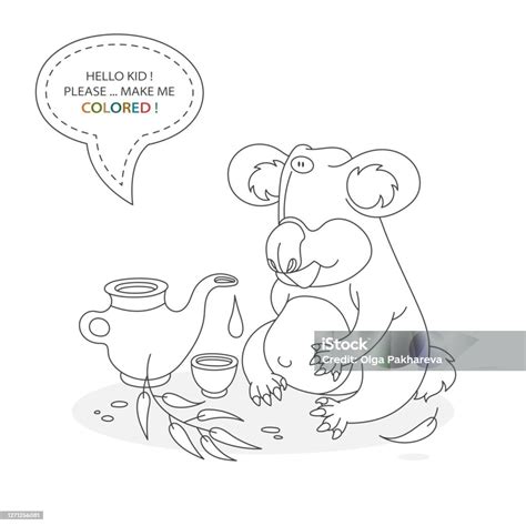 흑백 색칠 공부 책 페이지 유칼립투스 차와 재미 귀여운 코알라 시 주전자의 만화 캐릭터 어린이 의 발달을위한 세트에서 카드 벡터