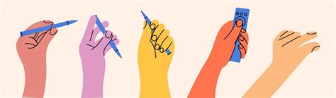 다양한 위치에서 손 제스처 세트 색상 벡터 그림입니다 검지 중지 약지 새끼 손가락 및 엄지 손가락 펜이나 리모컨을 들고 있는 손 5에 대한 스톡 벡터 아트 및 기타 이미지