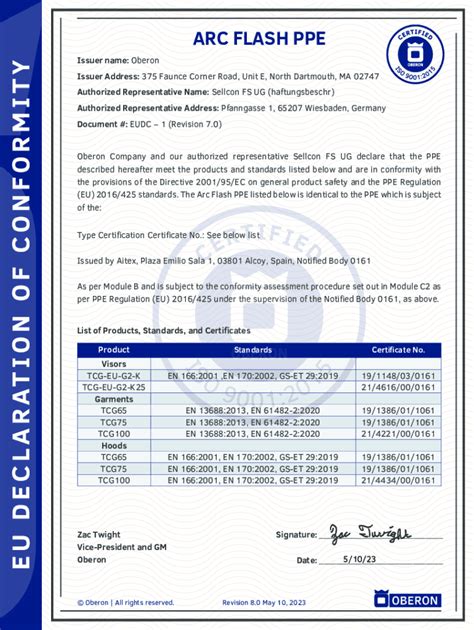 Fillable Online Eu Declaration Of Conformity For Arc Flash Ppe V7 0