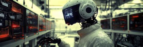 Electronic Robot Analyzing Data On Glowing Screens Stock Illustration