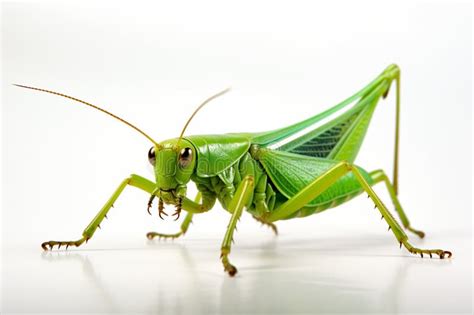 Striking Green Conehead Grasshopper Stands Out On A White Background
