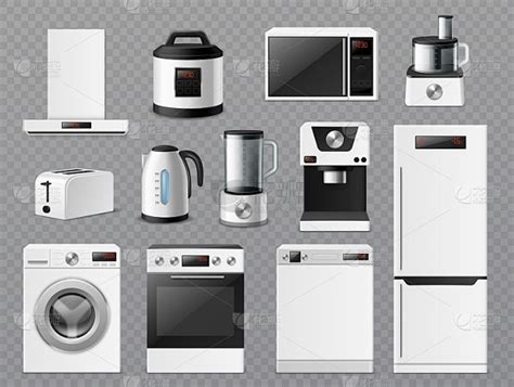 白色的厨房产品。现实的电子家用设备，3d消费室内机器，冰箱和微波炉，咖啡机，多锅和食品处理器向量集