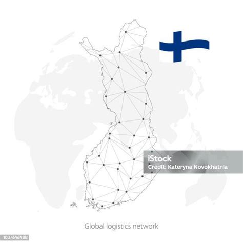 글로벌 물류 네트워크 개념입니다 통신 네트워크 지도 핀란드 세계 배경입니다 다각형 스타일과 플래그 노드와 핀란드를 매핑하십시오 벡터 그림 Eps10입니다 개념에 대한 스톡