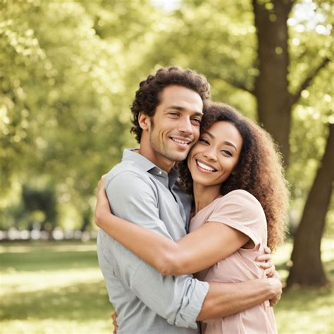 Happy Smiling Young Couple Cuddling In A Park Premium Ai Generated Image