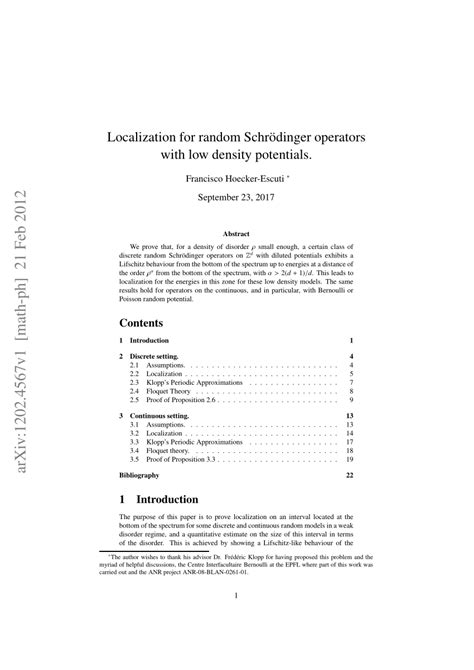 Pdf Localization For Random Schr Odinger Operators With Low Density Potentials