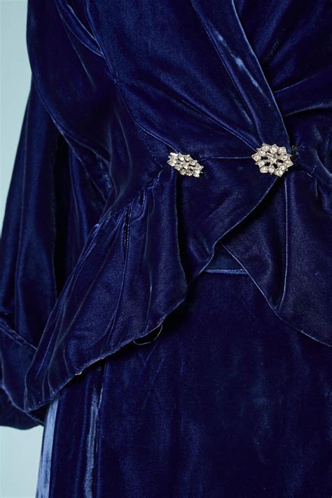 Night Blue Silk Velvet Cocktail Skit Suit With Rhinestone Buttons Circa