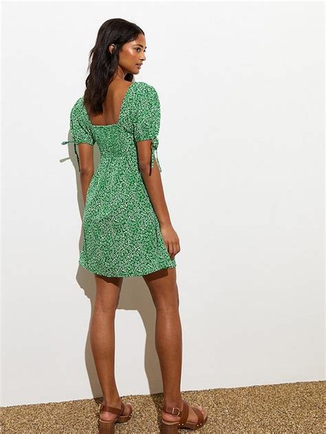 New Look Green Floral Print V Neck Mini Dress Uk