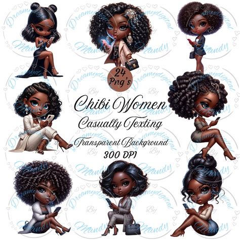 24 African American Chibi Women Texting On Phone Clipart Elegant Sophisticated Instant