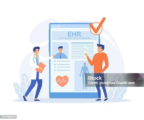 전자 건강 기록 의료 치료 기록 젊은 남성의 임상 데이터를 읽는 여성 의사 의료 앱 플랫 벡터 현대 그림 Brand Name