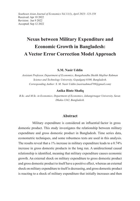 Pdf Nexus Between Military Expenditure And Economic Growth In Bangladesh A Vector Error