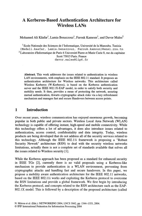 Pdf A Kerberos Based Authentication Architecture For Wireless Lans