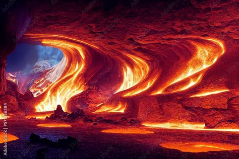 Lava Inside A Cave With Holes At The Top Natural Gallery In Hell With