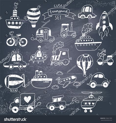 Big Doodled Transportation Icons Collection Blackandwhite Stock Vector