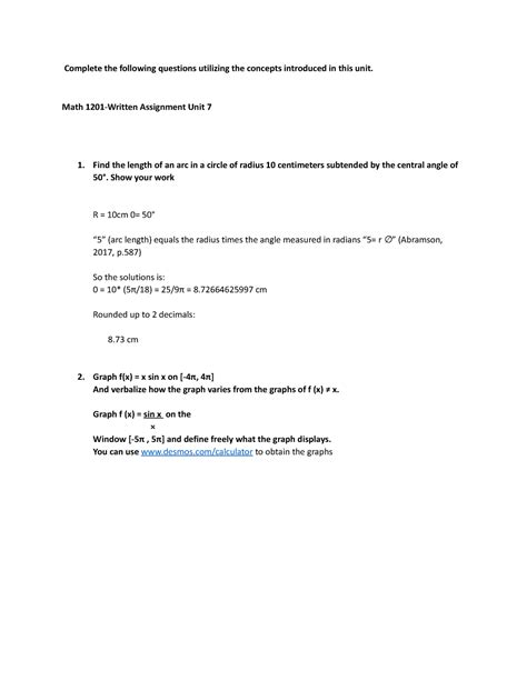 Written Assignment Unit 7 College Algebra Complete The Following Questions Utilizing The