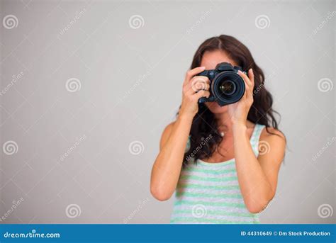 Attractive Brunette Woman Photographer Stock Image Image Of Camera