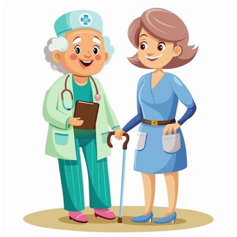 Premium Vector Cartoon Elderly Woman Full Body Elderly Female Patient Medical Staff Vector