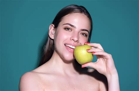Tasty And Juicy Apple Woman Eating Apple Studio Portrait Morning