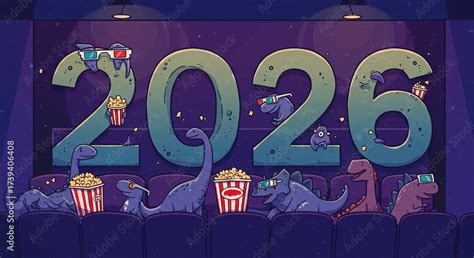 Cute Cartoon Dinosaurs Celebrating 2026 At A 3d Movie Theater Stock