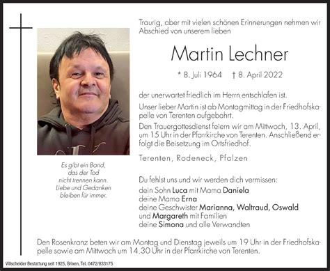Traueranzeigen Von Martin Lechner Trauer Bz