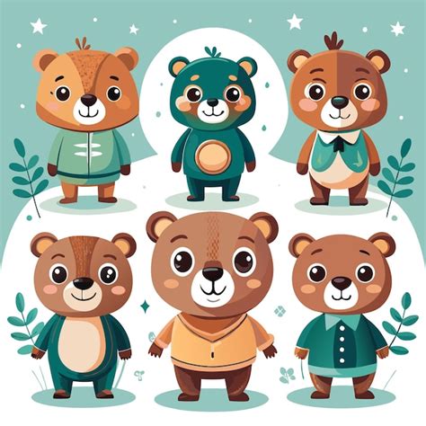 A Collection Of Cute Cartoon Bears In Various Outfits And Poses Premium AI Generated Vector