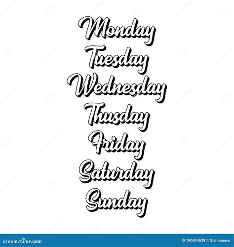 Hand Lettered Days Of The Week Calligraphy Words Monday Tuesday