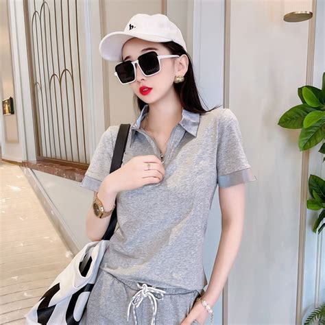 Polo领短袖t恤衫女夏季新款韩版修身棉弹力运动打底衫棒球衫上衣陡菲商贸城