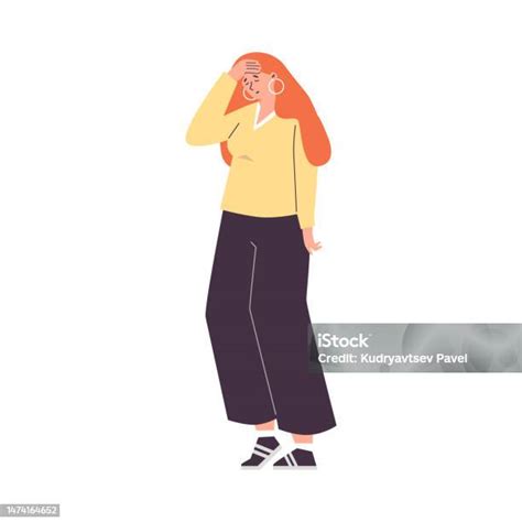 여자는 두통과 현기증 흰색 배경에 고립된 평면 벡터 삽화가 있습니다 독감 또는 감기 증상이있는 사람 피곤한 아픈 성격 바이러스 질병 및 건강 관리의 개념 슬픔에 대한 스톡