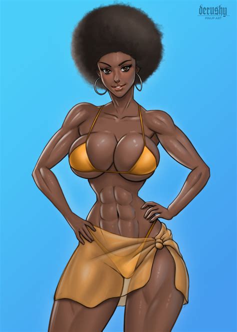 Derushy Original Pixiv Highres 1girl Abs Afro Bikini Black Hair Blue Background