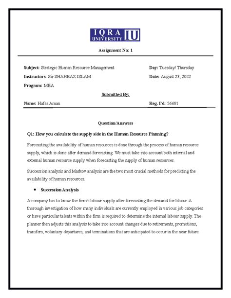 Assignment 1 Hafsa Aman Assignment No 1 Subject Strategic Human Assignment 1 Hafsa Aman Assignment No 1 Subject Strategic Human