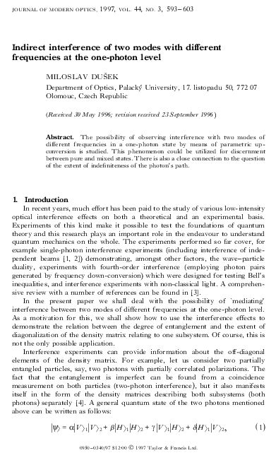 Pdf Indirect Interference Of Two Modes With Different Frequencies At