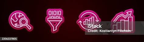 라인 검색 지구본 바이너리 코드 파이 차트 인포 그래픽 및 금융 성장을 설정합니다 빛나는 네온 아이콘입니다 벡터 0명에 대한 스톡 벡터 아트 및 기타 이미지 Istock