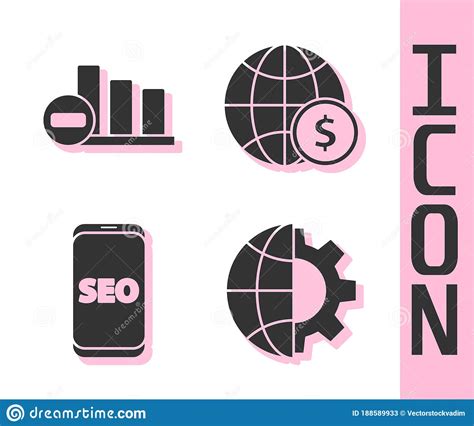 Set Globe Of The Earth And Gear Pie Chart Infographic Mobile Phone Seo Optimization And Earth