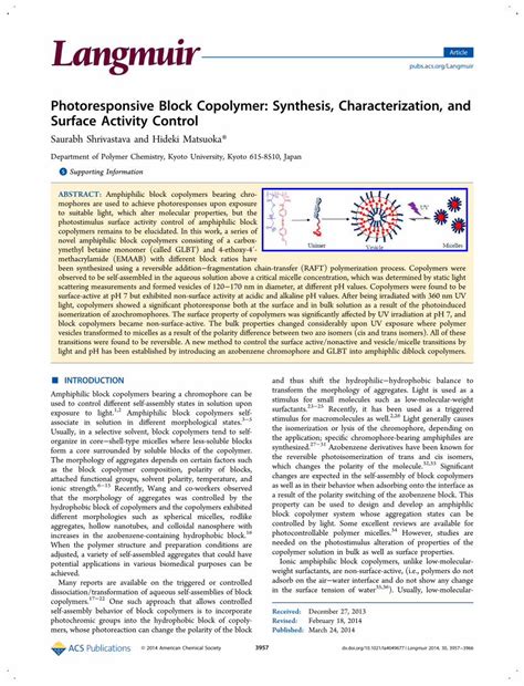 Pdf Photoresponsive Block Copolymer Synthesis Characterization And