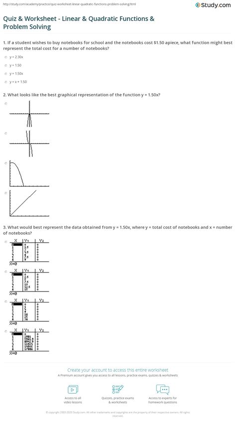 Quiz And Worksheet Linear And Quadratic Functions And Problem Solving