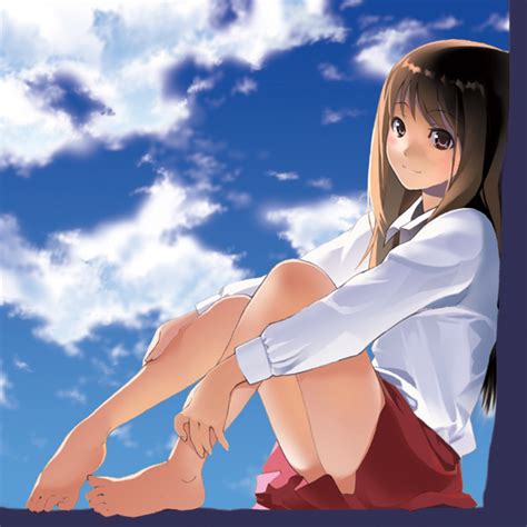 Safebooru Barefoot Brown Eyes Brown Hair Cloud Clouds Dress Shirt