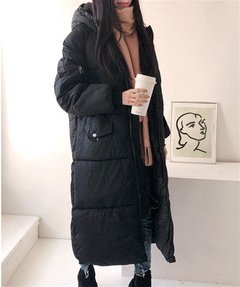 빅사이즈 후드 포켓 블랙 웰론 무광 경량 오버핏 롱 패딩 점퍼 에이블리