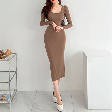 [베이직 고퀄핏] 군살커버 부드러운 쫀쫀 꾸안꾸 무지 데일리 유넥 트임 H라인 긴팔 슬림 롱원피스 마실룩 여친룩 키작녀 키큰녀