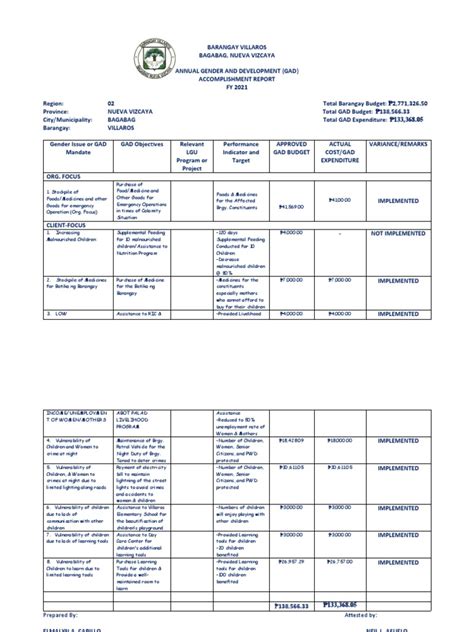 Barangay Gad Accomplishment Report Pdf Malnutrition Economies